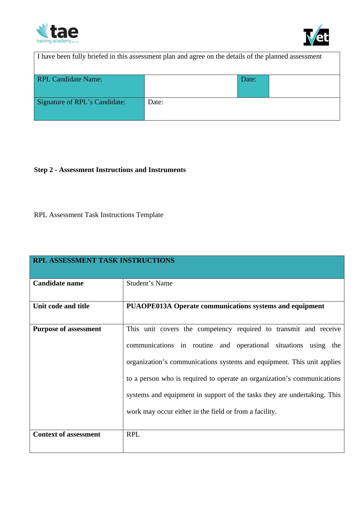 RPL Assessment Plan for PUAOPE013A