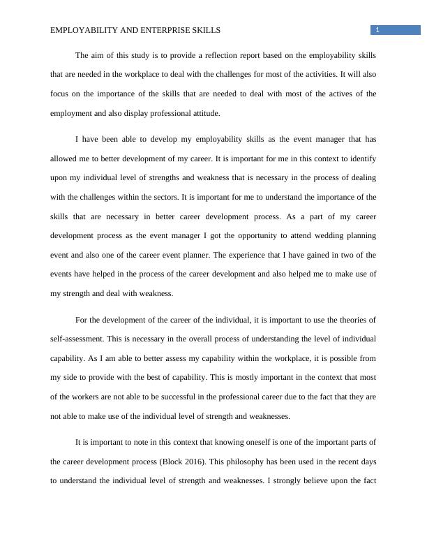 Employability Skills: Reflection and Career Development