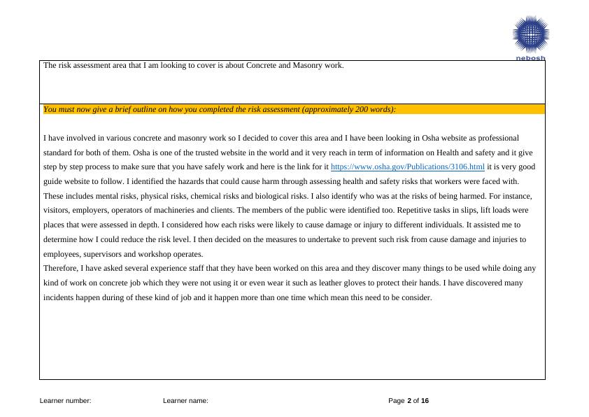 NEBOSH IG2: Concrete and Masonry Risk Assessment Report