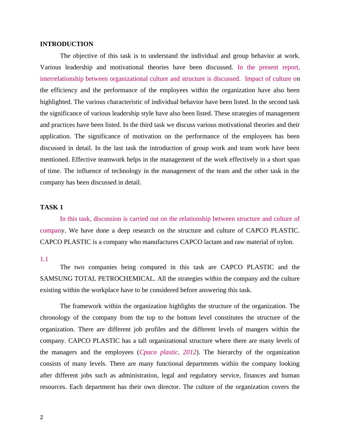 Organizational Behavior: CAPCO PLASTIC and Samsung Analysis