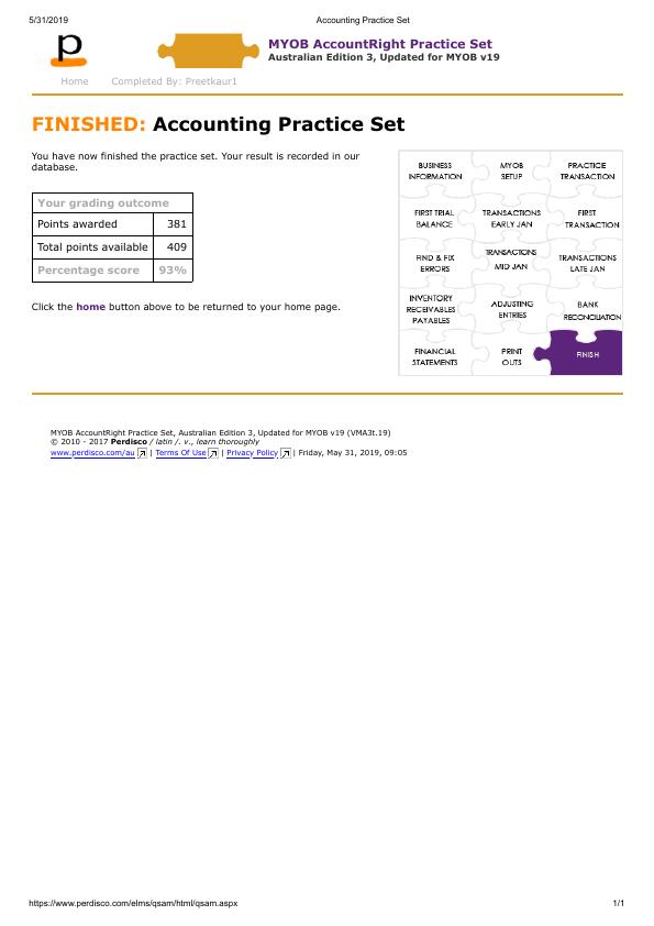 5/31/2019. Accounting Practice Set. MYOB AccountRight P