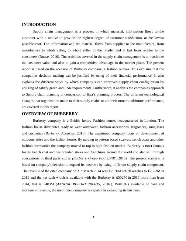Supply Chain Management INTRODUCTION 3 Overview of Burberry