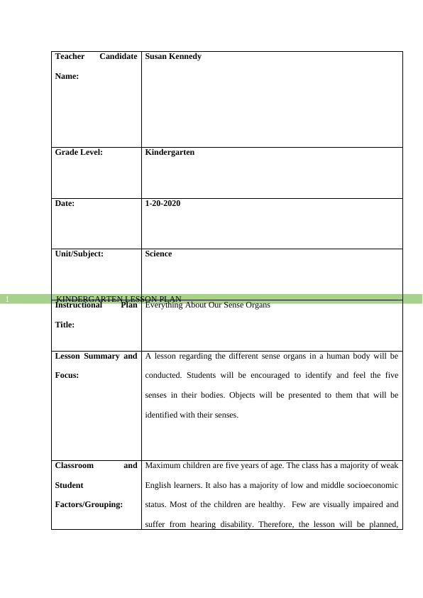 Kindergarten Science Lesson Plan: Human Sense Organs