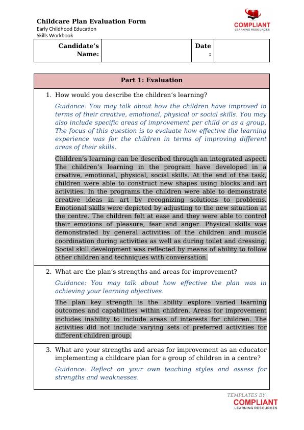 Childcare Plan Evaluation Form: Early Childhood Education Skills ...