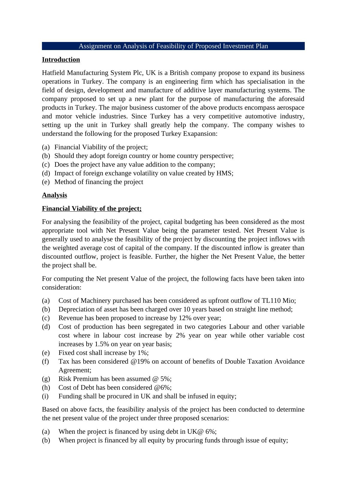 Assignment on Analysis of Feasibility of Proposed Investment