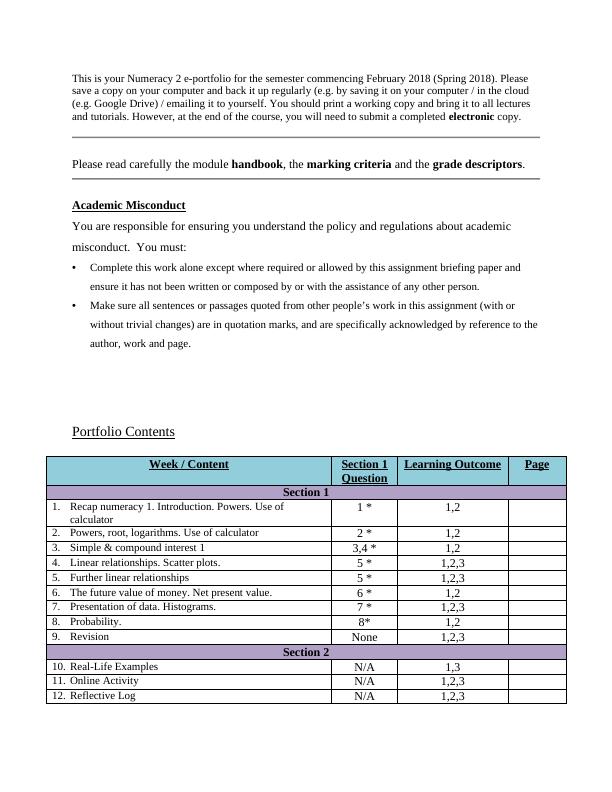 Numeracy 2 (MAII3007) Portfolio: Finance, Spring 2018