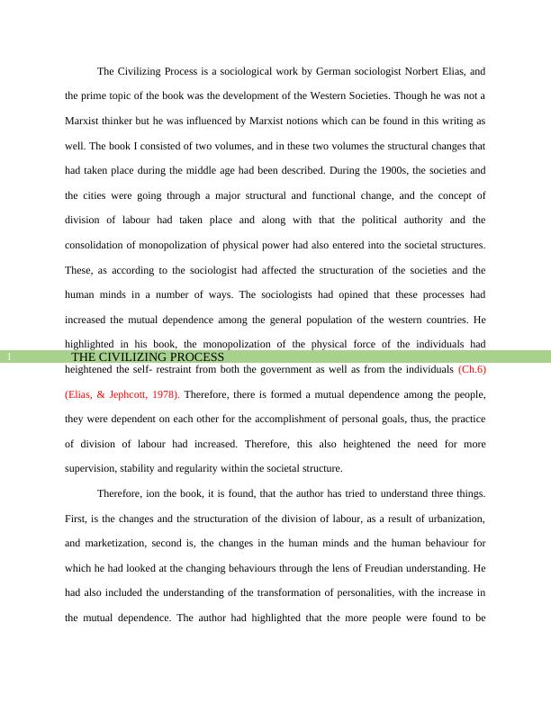 Sociology Essay: The Civilizing Process by Norbert Elias