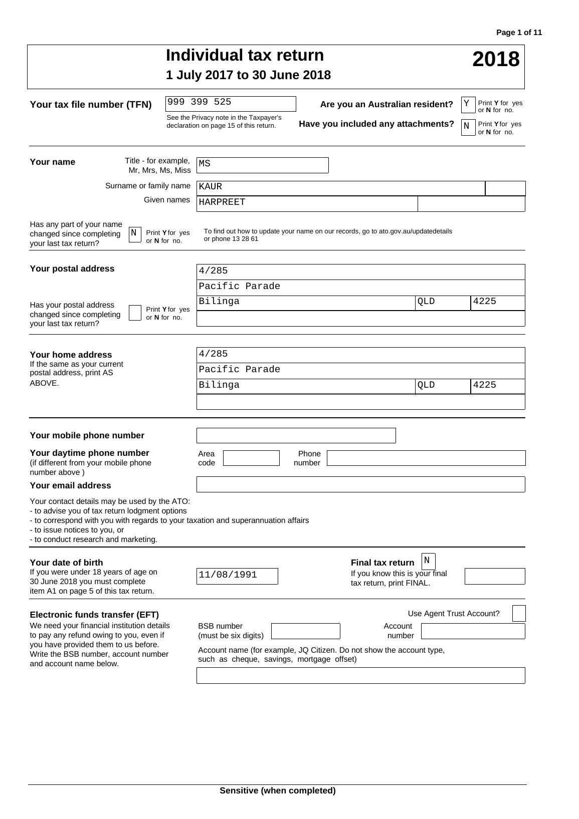Individual Tax Return 2018 - Desklib