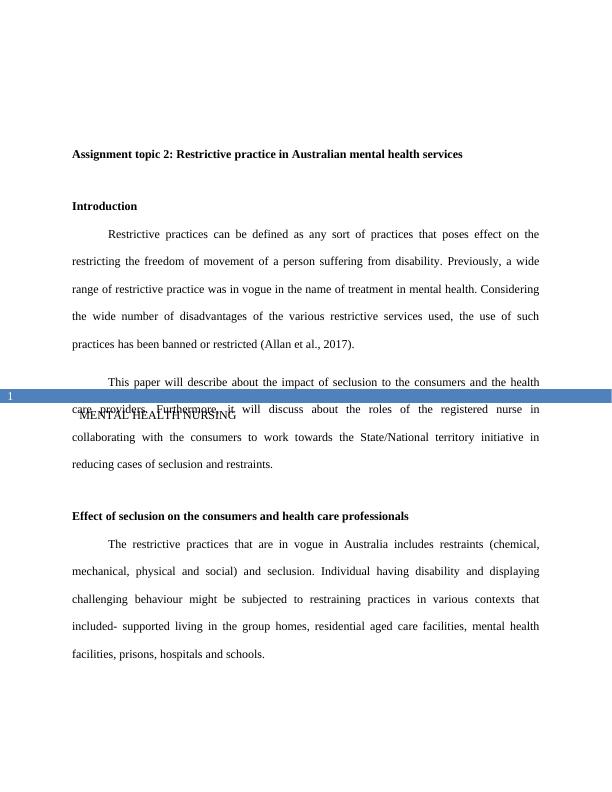 Restrictive Practice in Australian Mental Health services