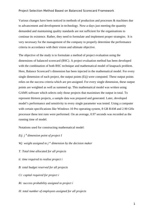 Project Selection Method and Balanced Scorecard Framework