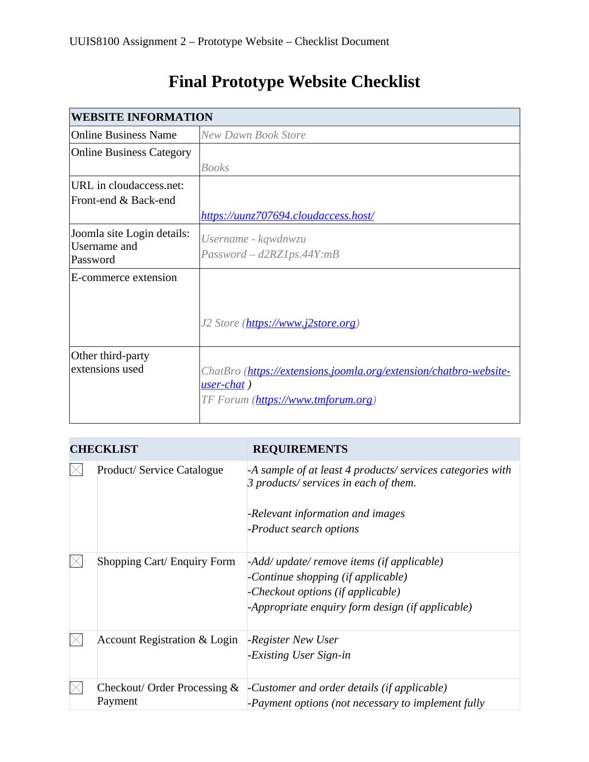 Final Prototype Website Checklist Assignment 2022