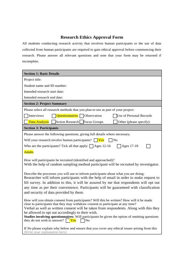 University Research Ethics Approval Form: Guidelines