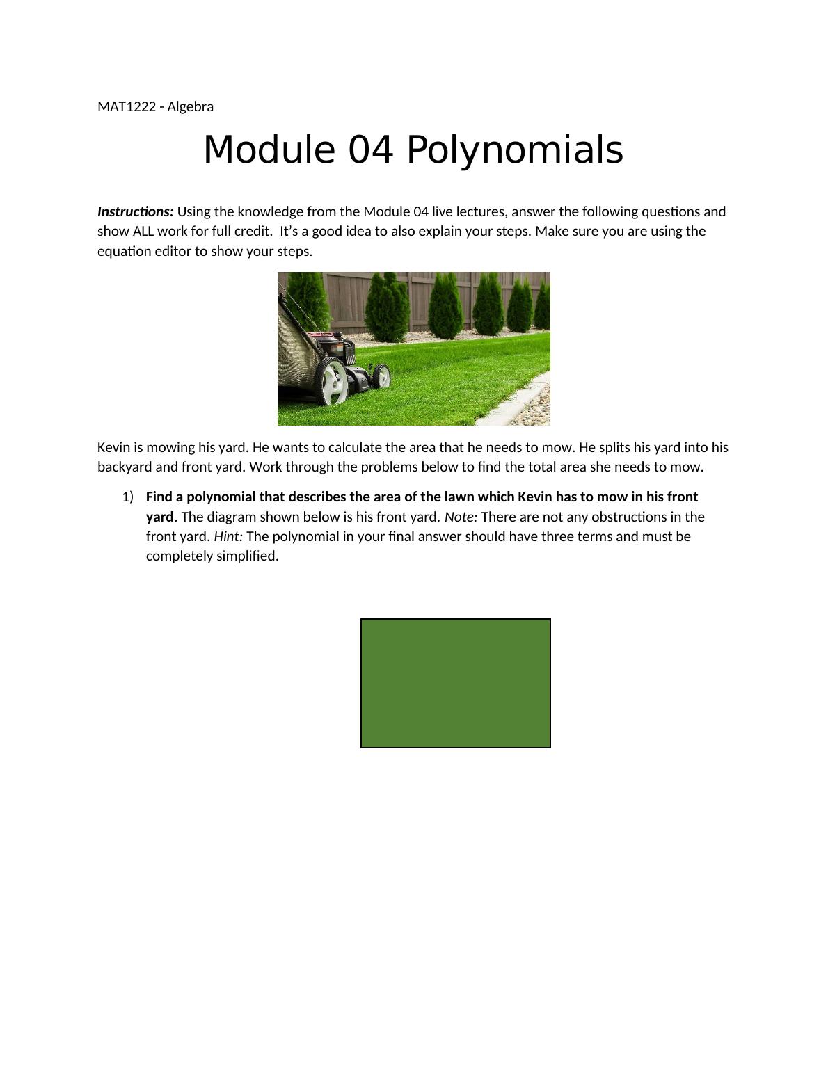 MAT1222 Algebra Module 04: Polynomial Area Solutions