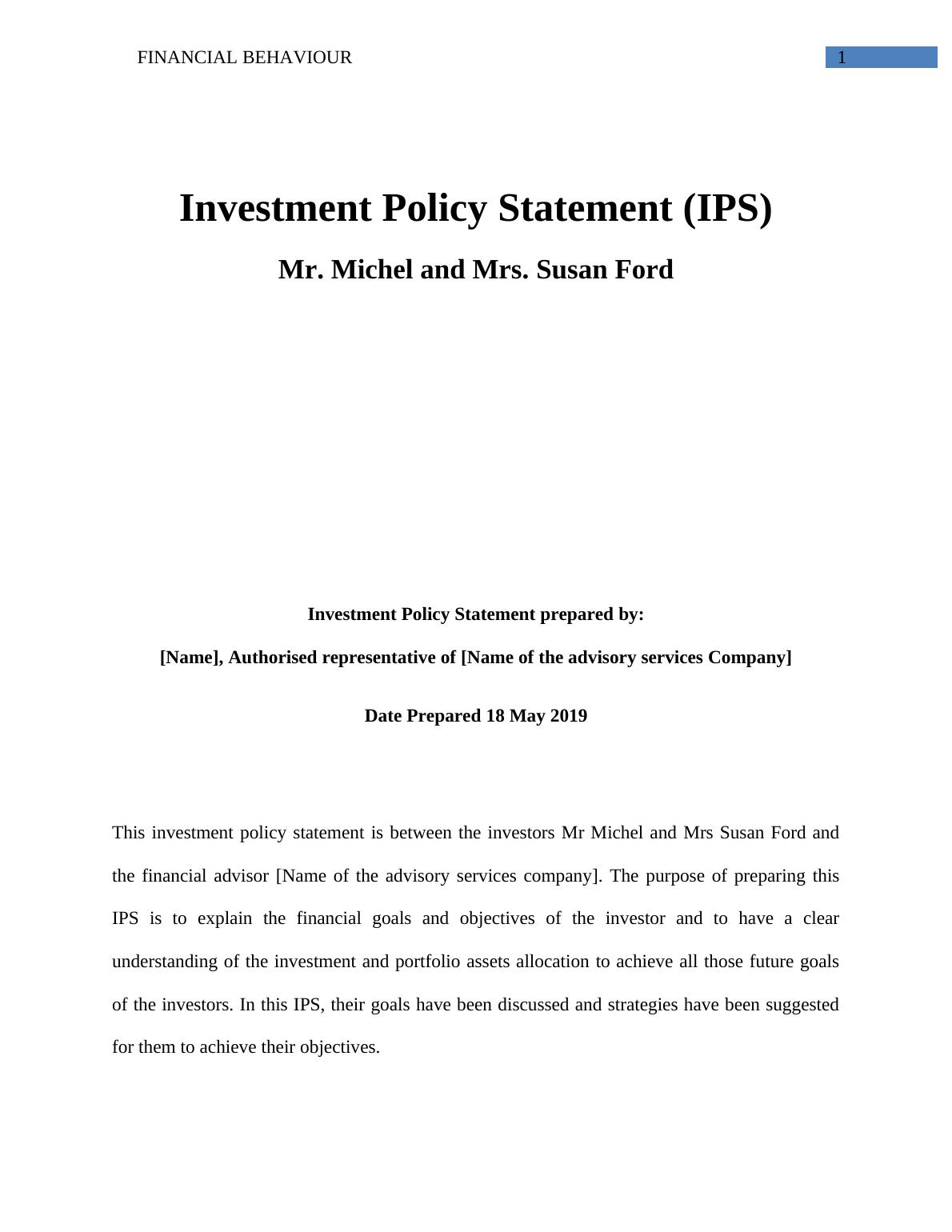 Investment Policy Statement (IPS) - Mr. Michel and Mrs. Susan Ford