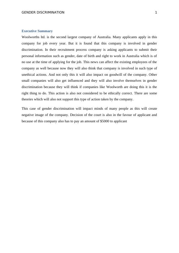 Gender Discrimination in Business: A Woolworths Case Study