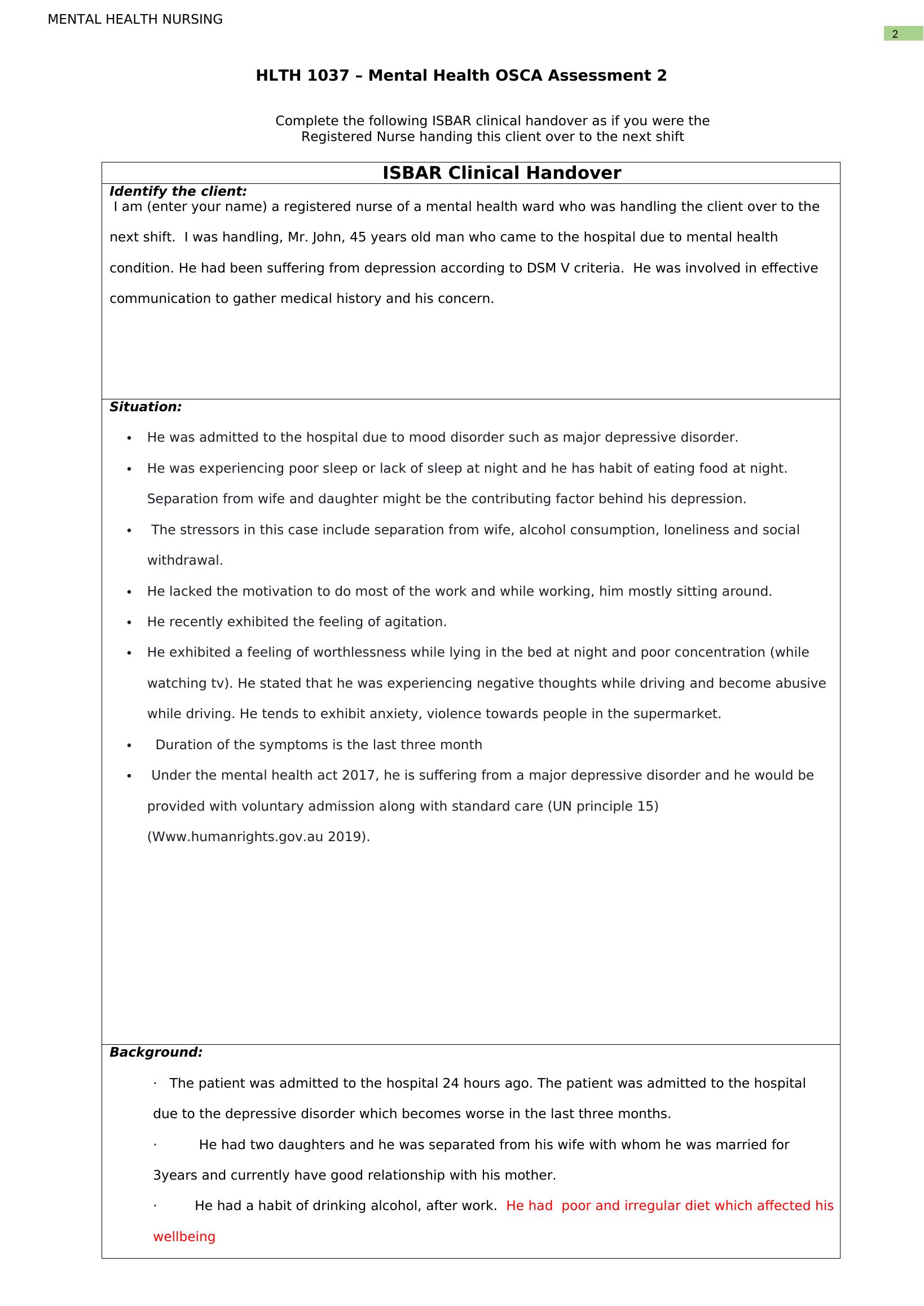 HLTH 1037 Assessment 2: ISBAR and Mental State Examination