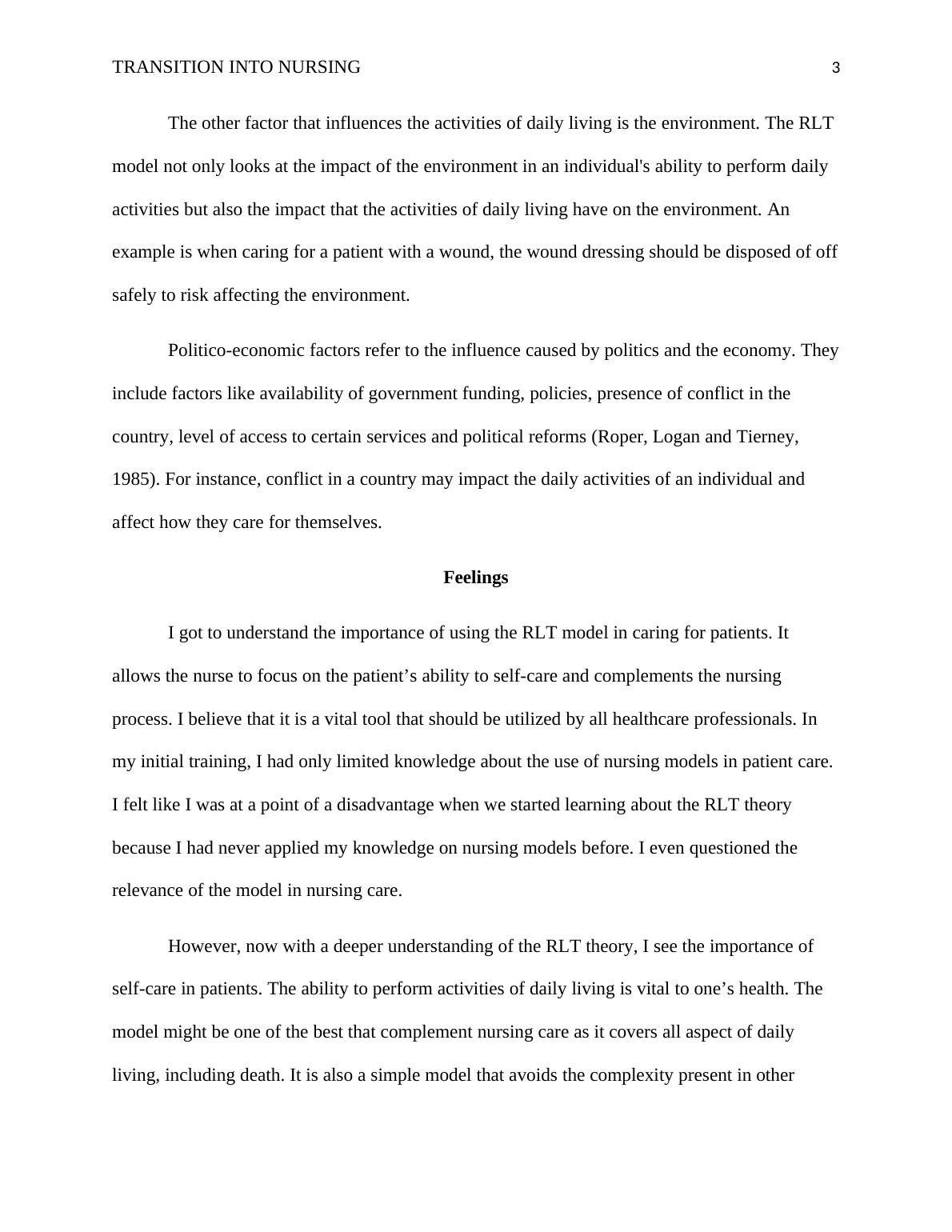 The Roper, Logan and Tierney’s nursing model - Desklib