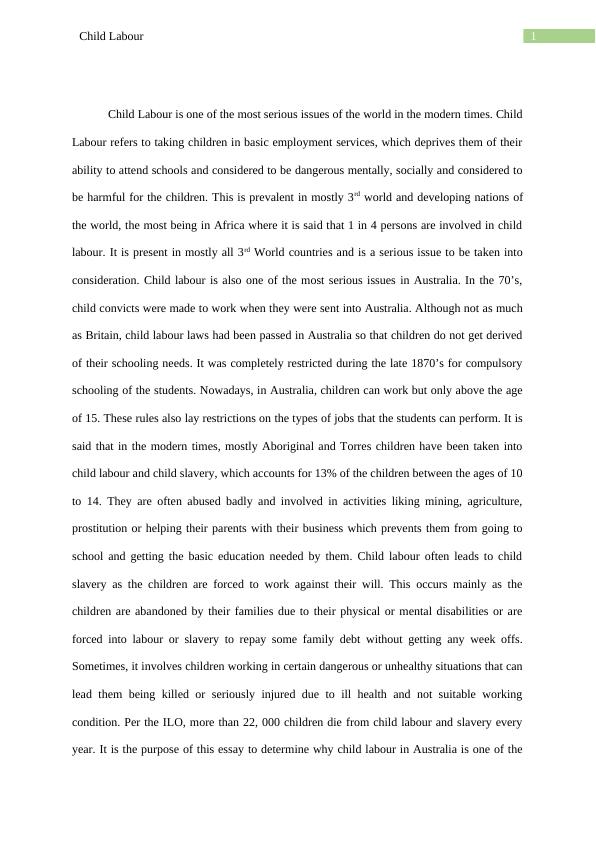 Australia: Child Labour and International Human Rights