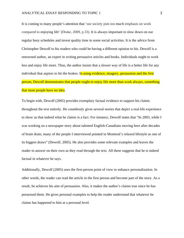 Analytical Essay Responding to Topic