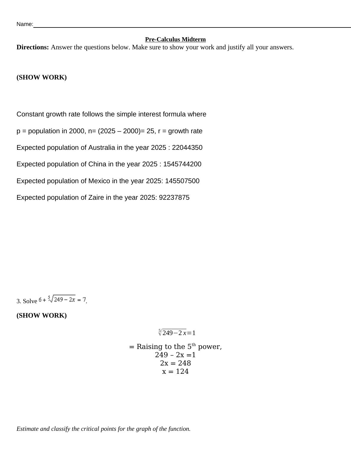 Pre-Calculus Midterm Assignment with Detailed Solutions