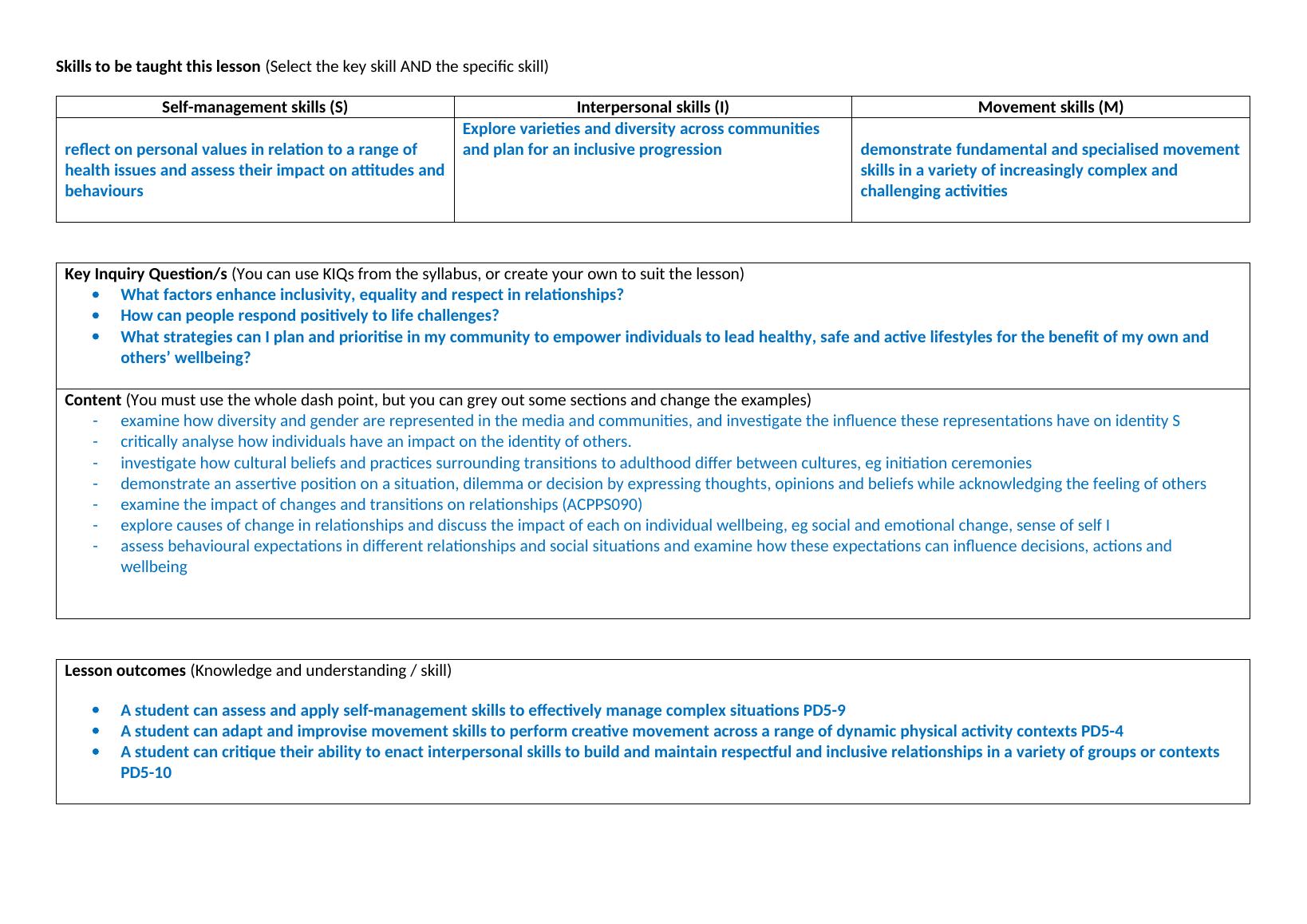 Year 9 PDHPE Lesson Plan: Nutrition, Health, and Inclusivity