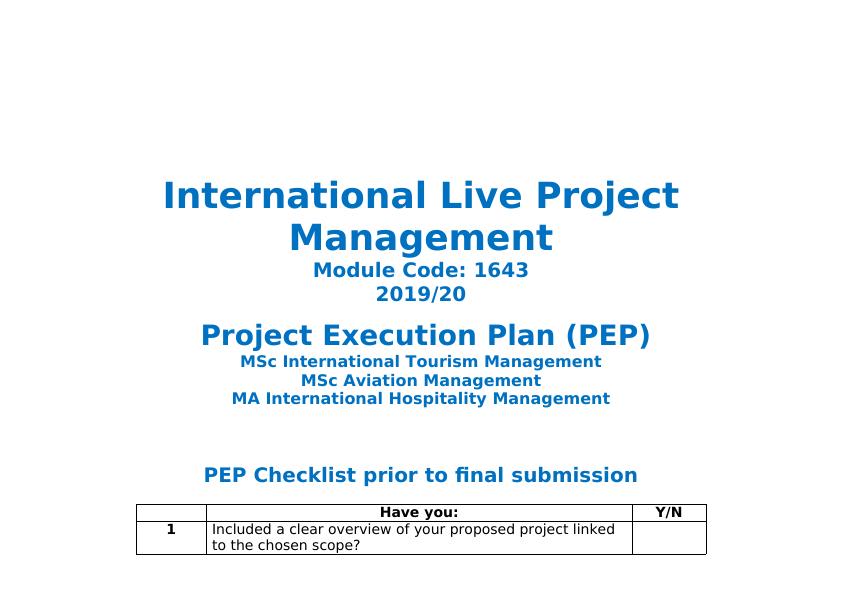 Project Execution Plan (PEP) for International Live