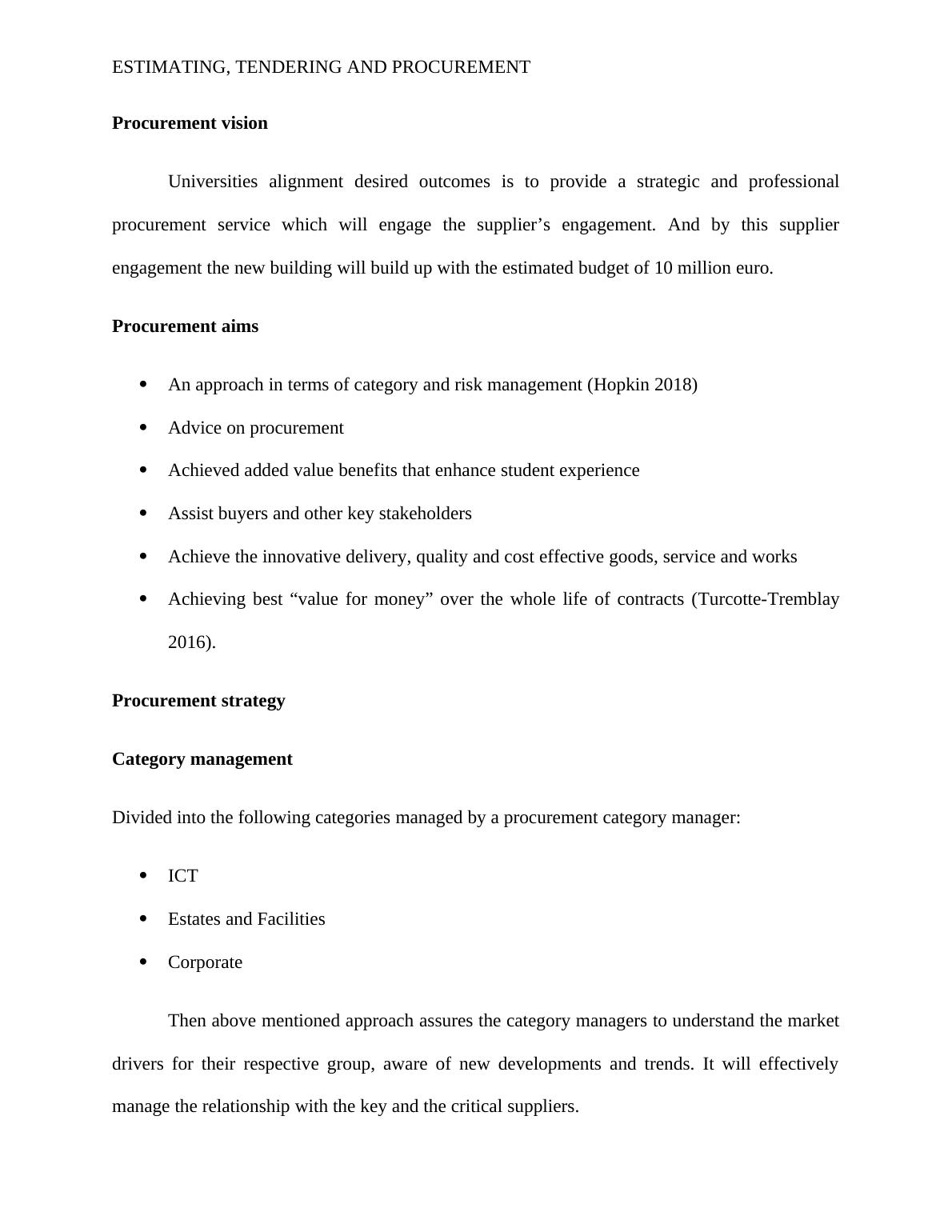 Estimating, Tendering and Procurement | Report