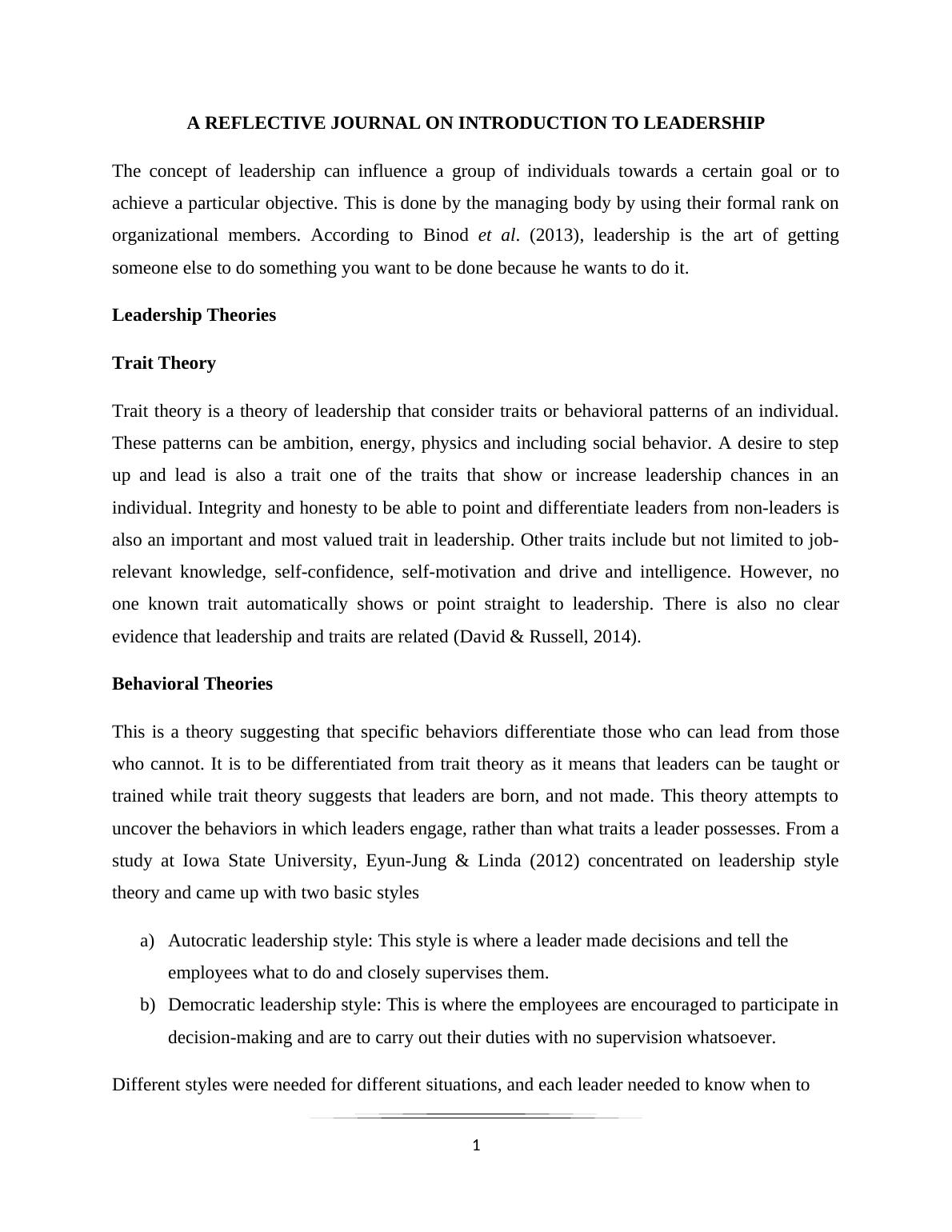 Reflective Journal on Concept of Leadership