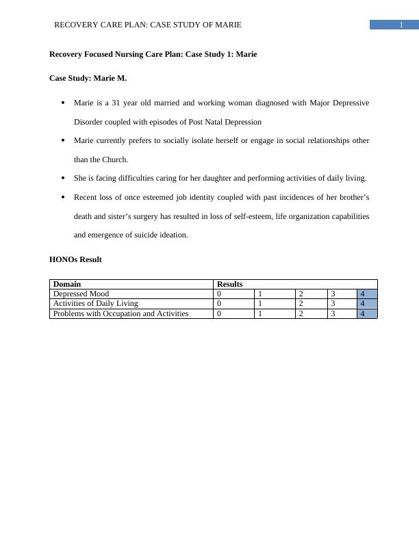 Marie's Recovery Care Plan: Nursing Case Study Analysis