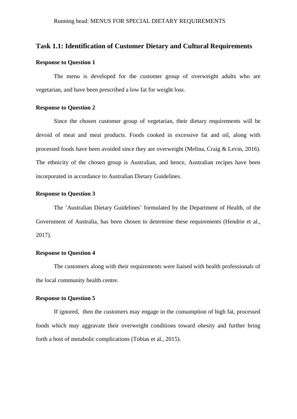 Menus for Special Dietary Requirements - Desklib