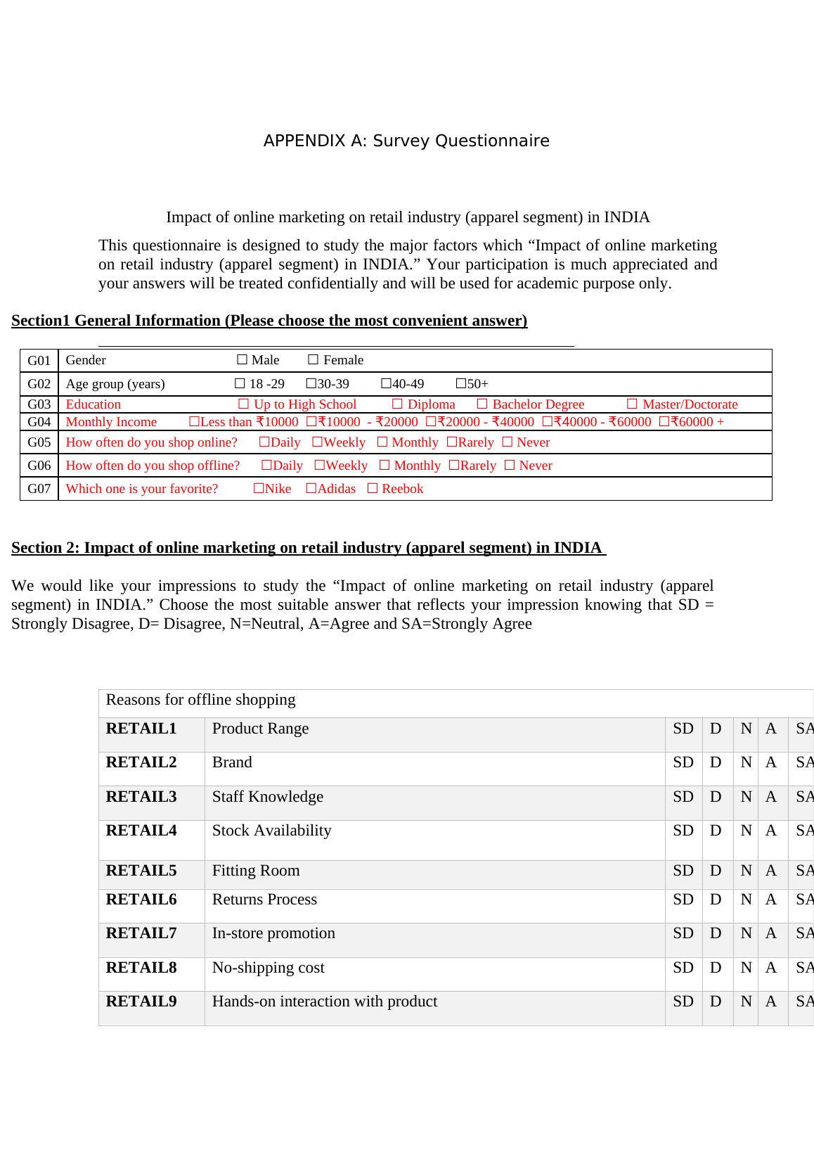 APPENDIX A: Survey Questionnaire.