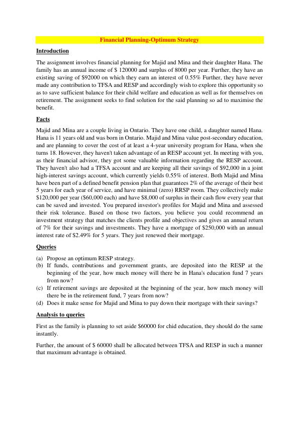 Financial Planning-Optimum Strategy Assignment 2022