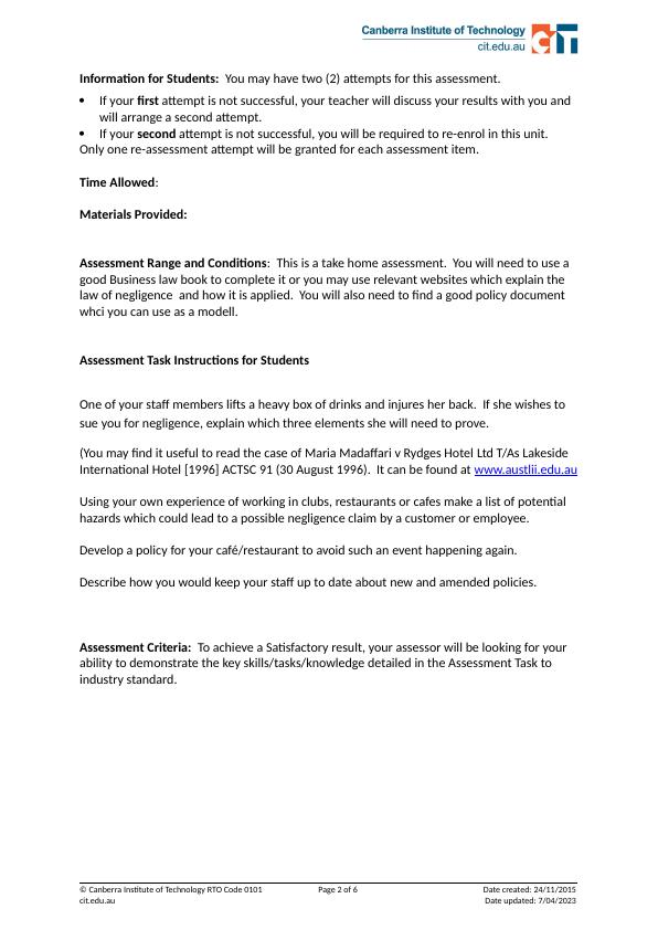 Negligence & Safety in Hospitality: CIT Assessment 4