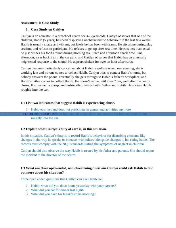 Child Abuse Case Study - CHCECE013 Early Childhood Education