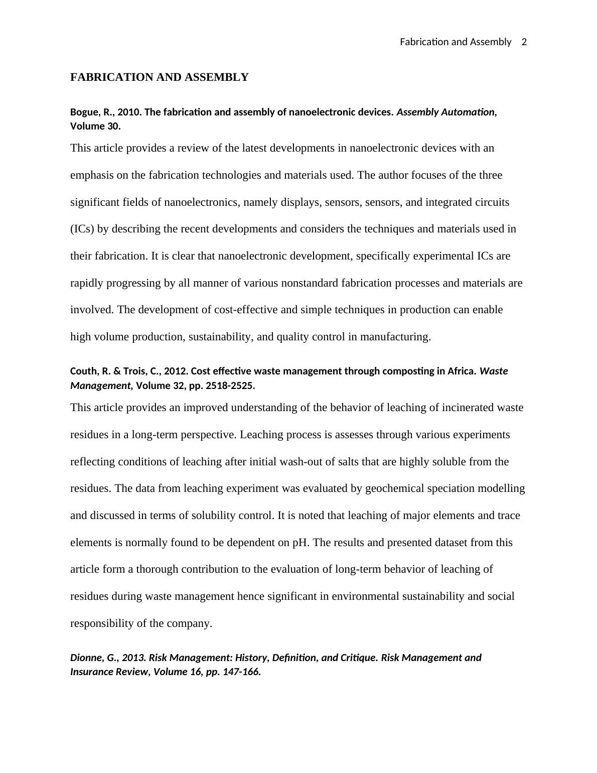 Annotated Bibliography: Fabrication and Assembly Solutions