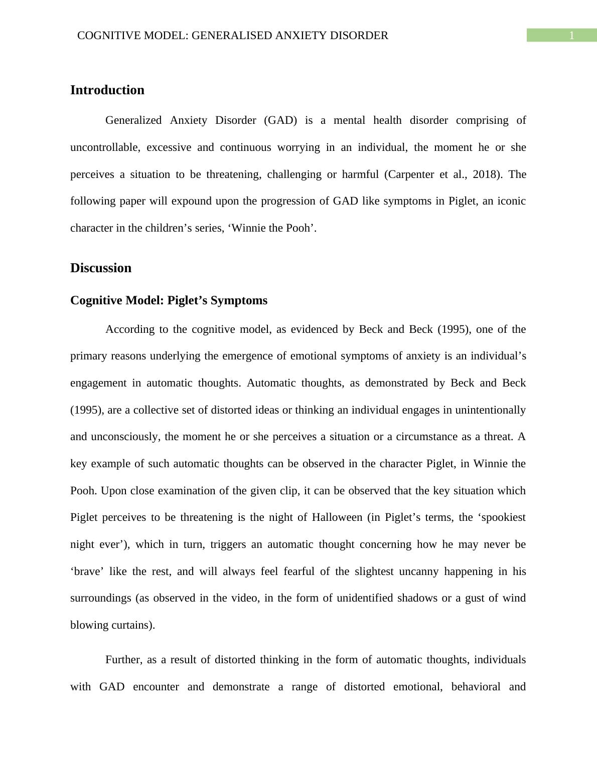 Cognitive Model Generalised Anxiety Disorder