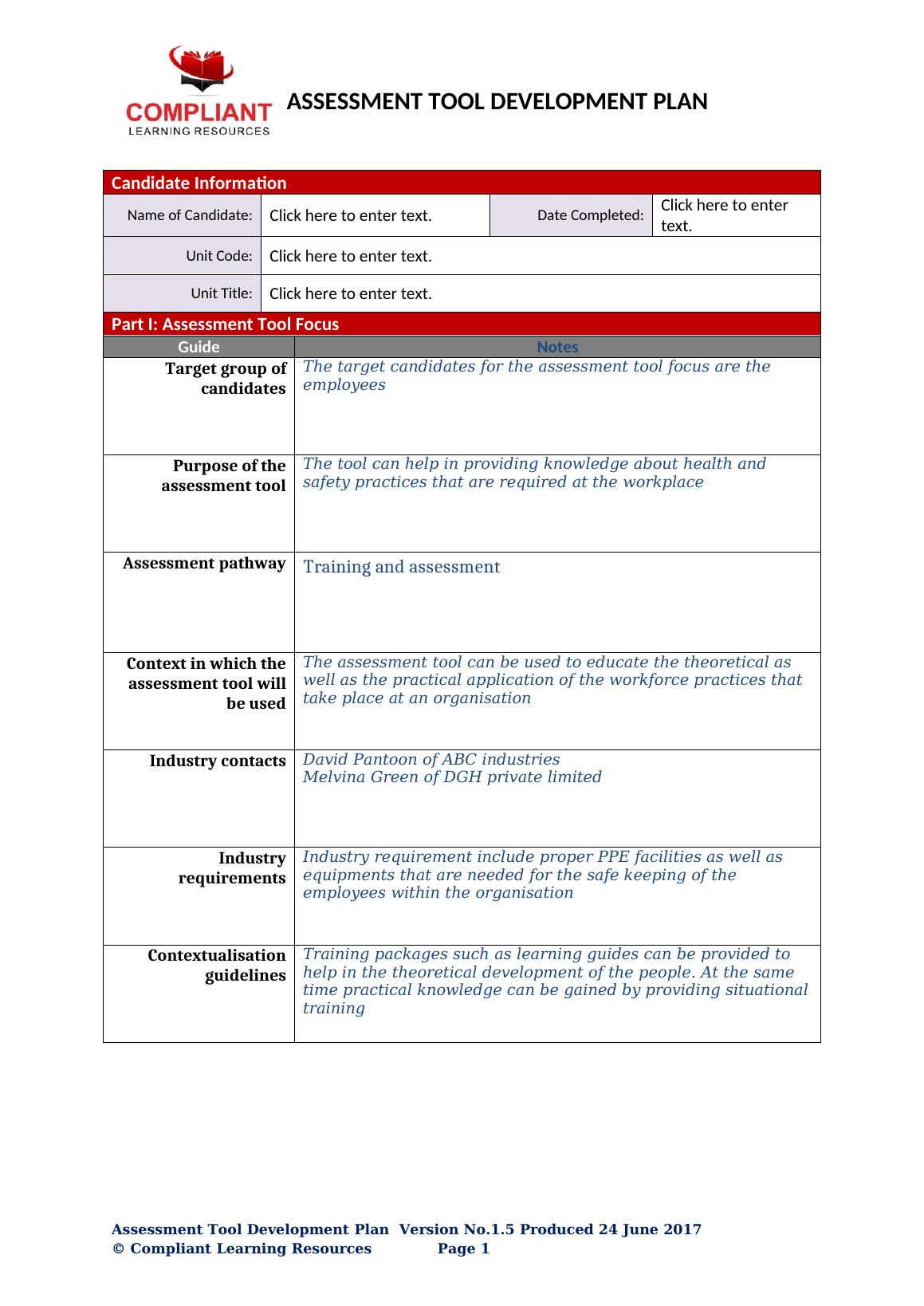 Certificate IV Assessment Tool Development Plan - Candidate