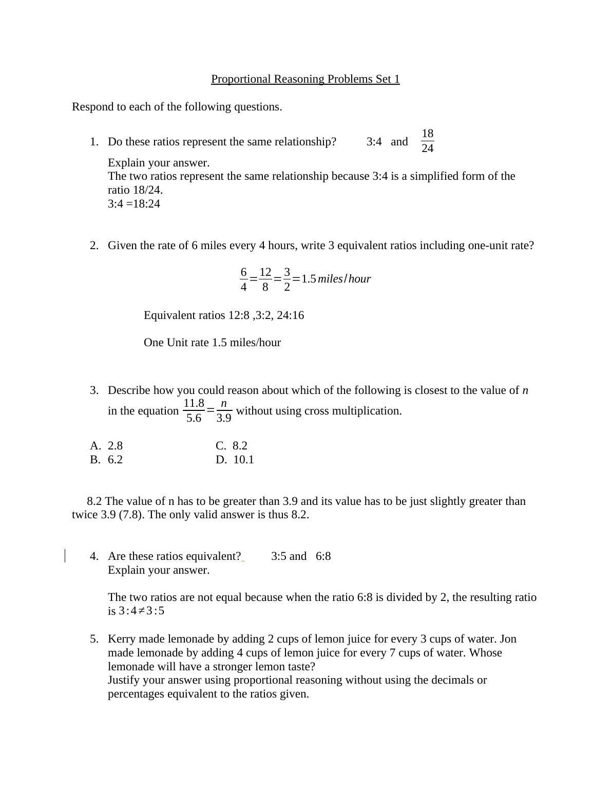 Proportional Reasoning Problems Set 1: Solutions Guide