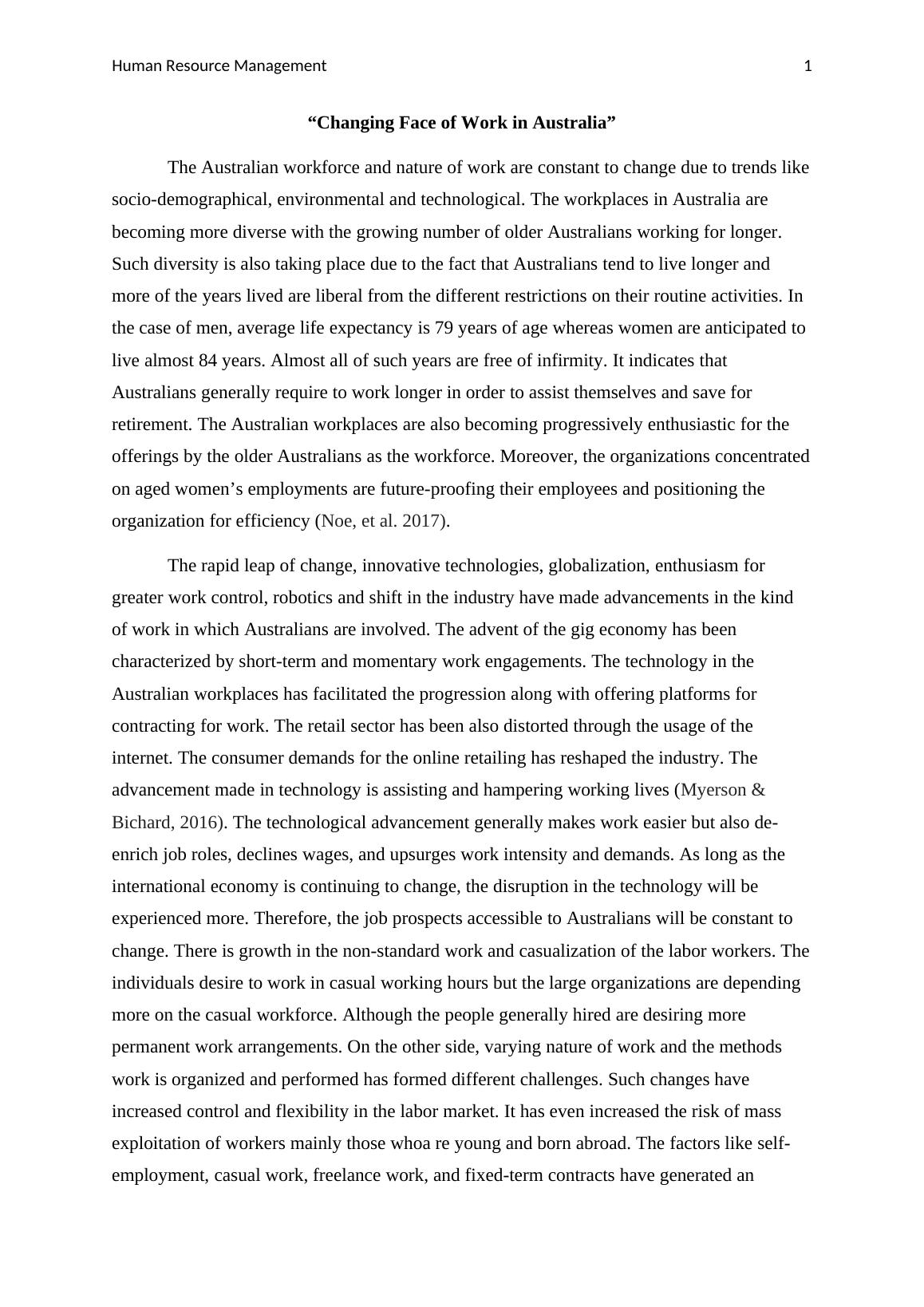 Human Resource Management - Changing Face of Work in Australia