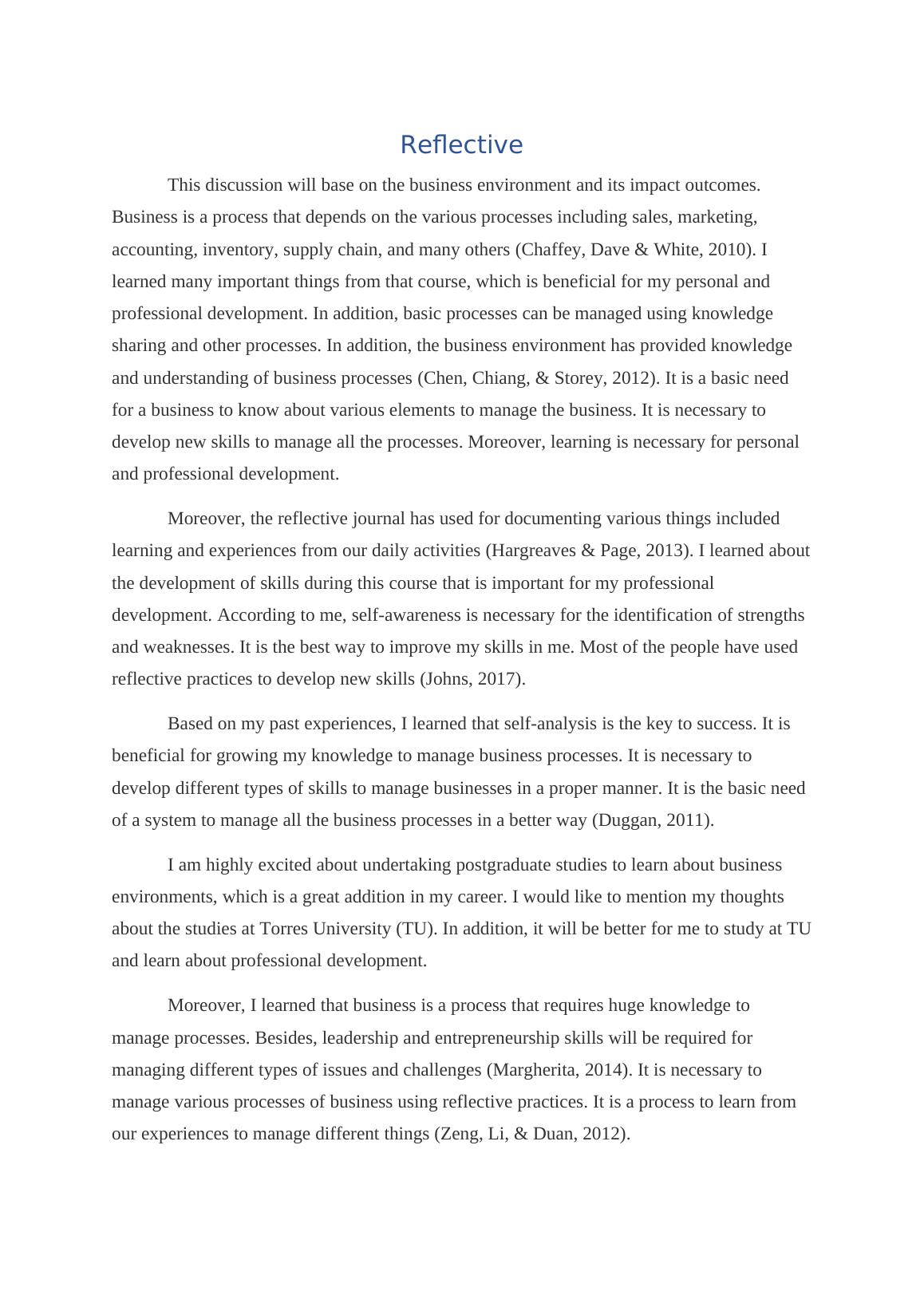 Business Environment Reflective Report: Torres University