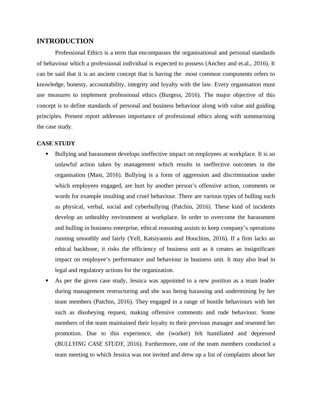 Professional Ethics: Case Study on Bullying and Leadership