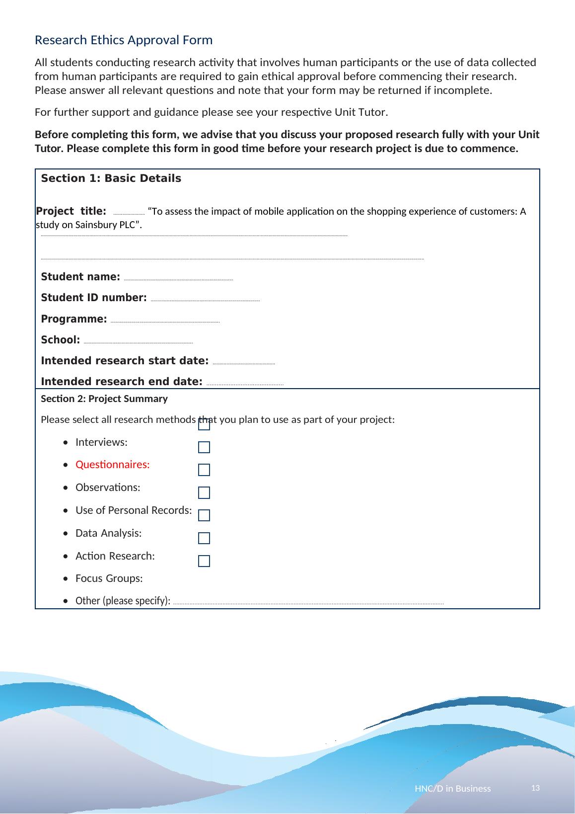 UKCBC: Research Ethics Approval Form for Business Students