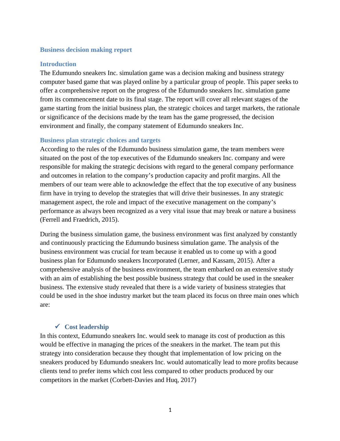 Business Decision Making Reports