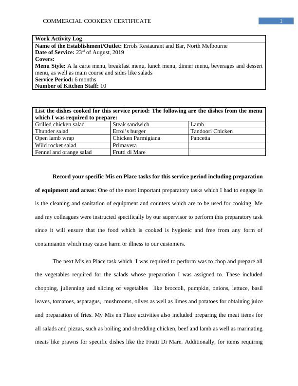 Commercial Cookery Certificate Assignment 2022