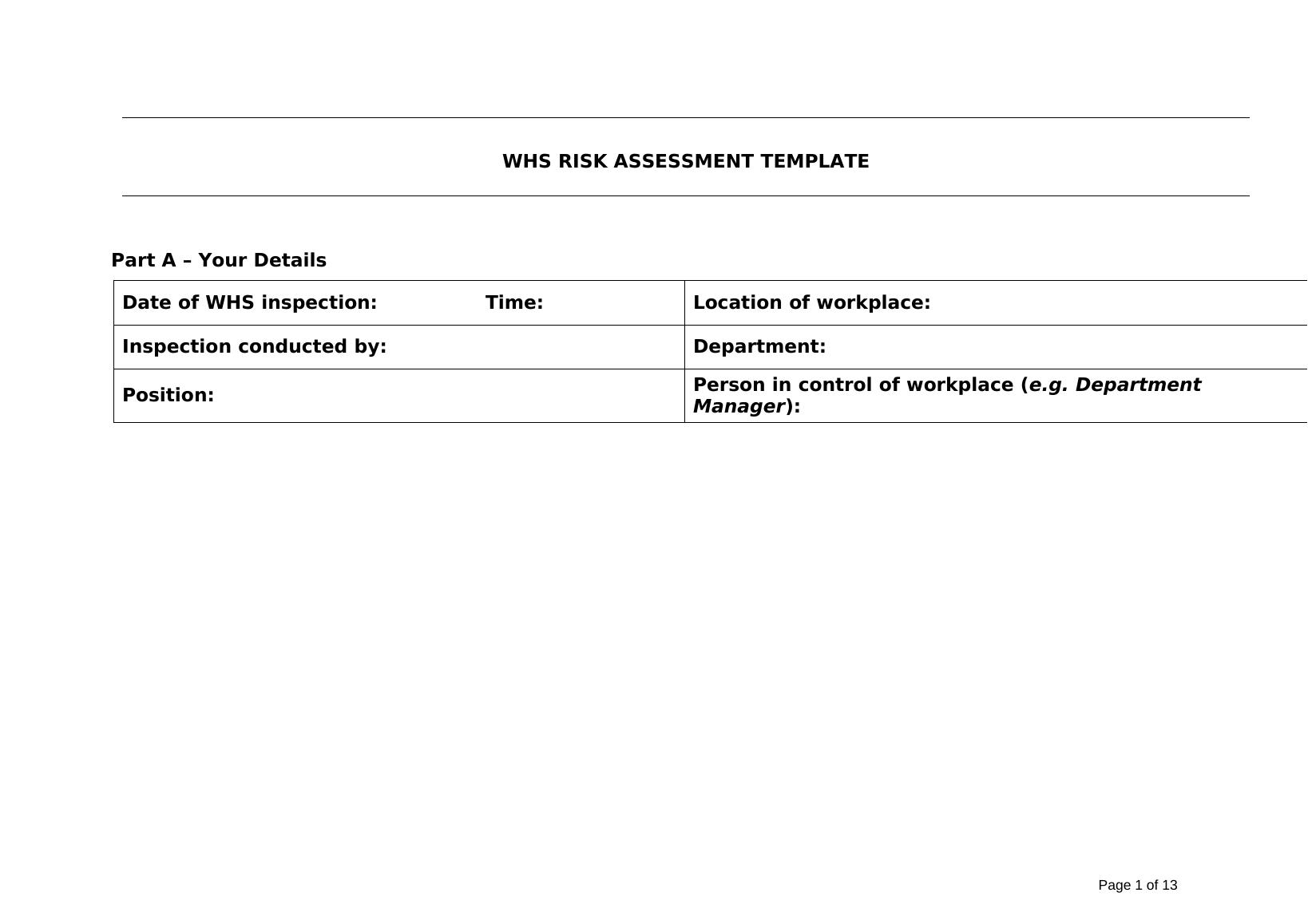 WHS Risk Assessment Template - Desklib