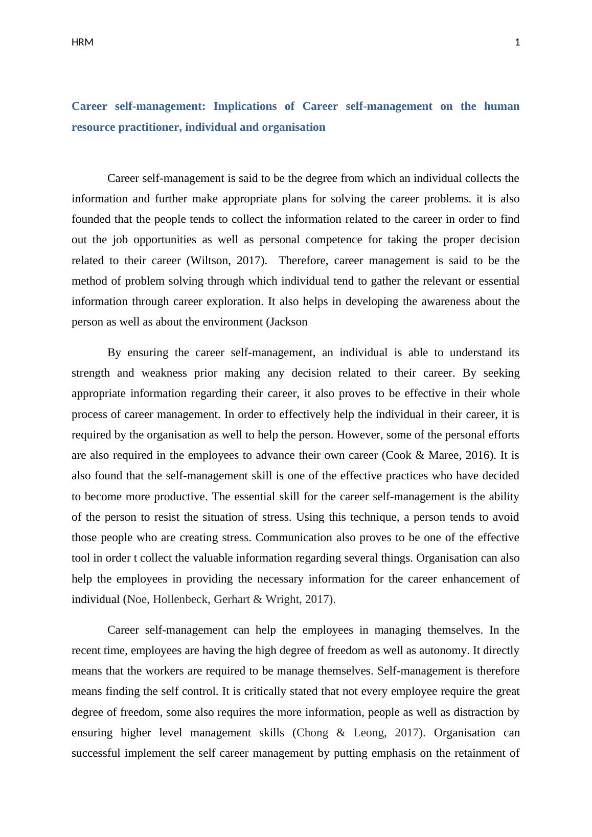 HRM Essay: Career Self-Management Implications and Analysis