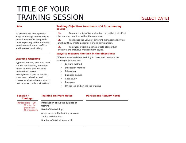 Training Session Plan: Leadership & Conflict Management