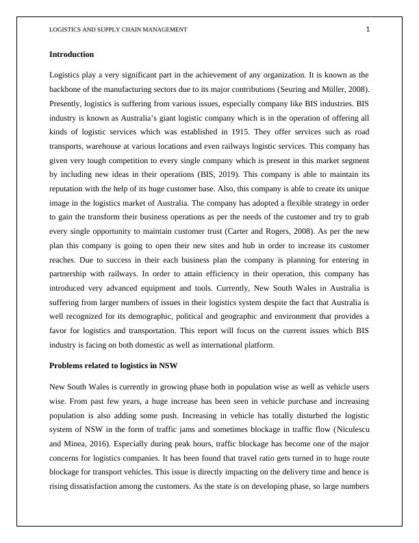 Logistics and Supply Chain Management Report for BIS Industries