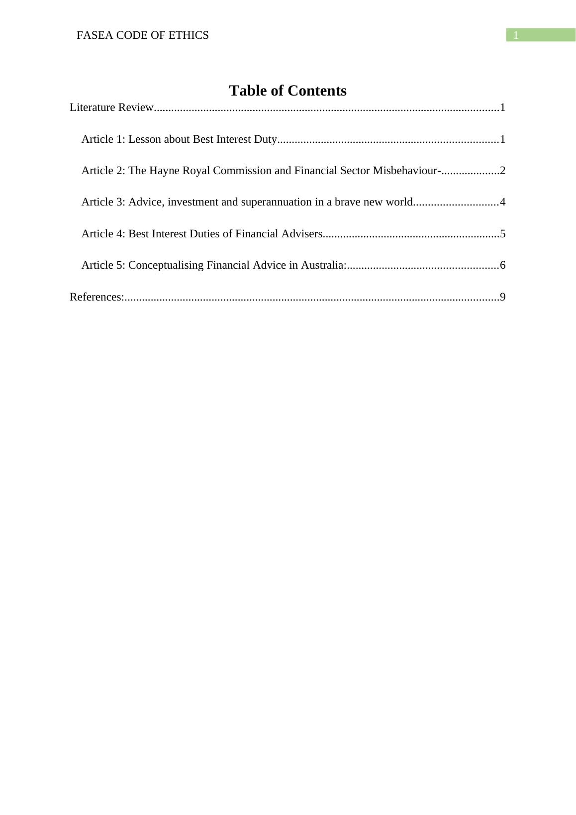 Literature Review: FASEA Code of Ethics and Financial Advice