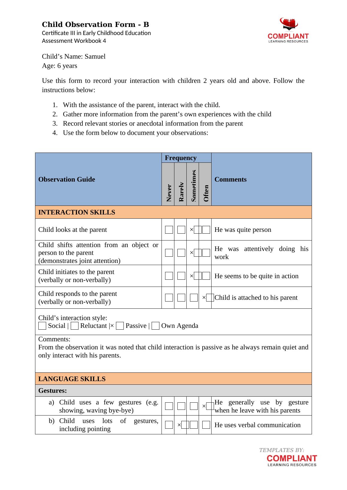 Early Childhood Education: Child Observation Form - Samuel